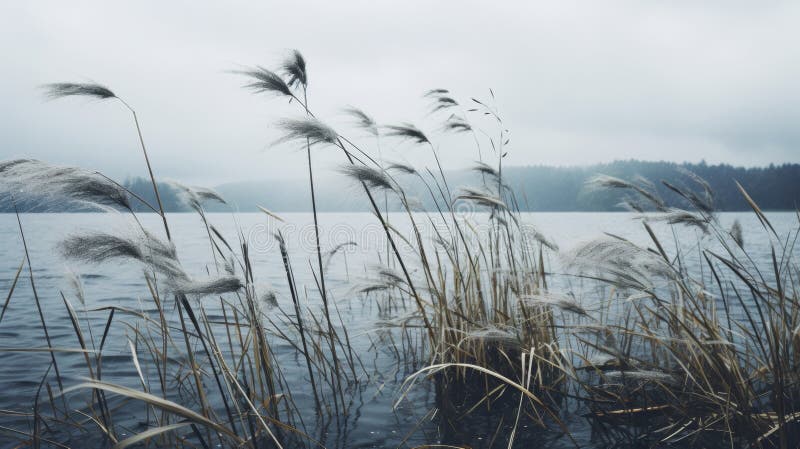 Serene Lake Scene Featuring Marsh Plants on the Shore and a Gray ...