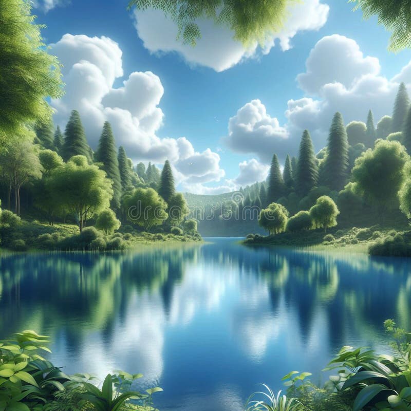 A Serene Lake Scene with a Reflection of the Blue Sky and Fluffy White ...