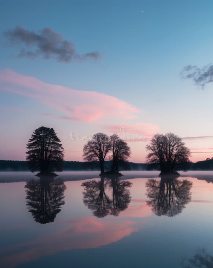 Serene Lake at Twilight with Tree Silhouettes Mirrored in Water Beneath ...