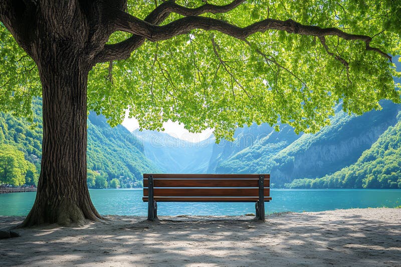 Serene Lakeside Bench Under Lush Tree Canopy Peaceful Nature Scene ...