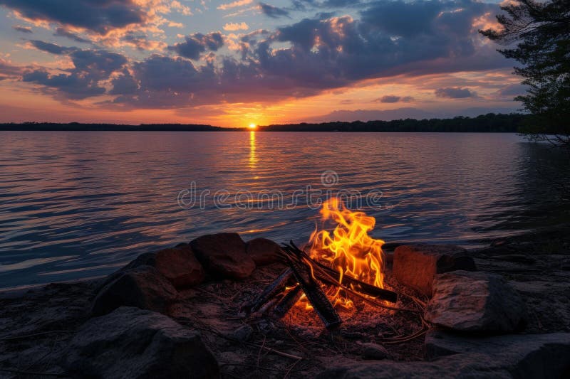 Serene Lakeside Campfire at Sunset Stock Image - Image of campfire ...