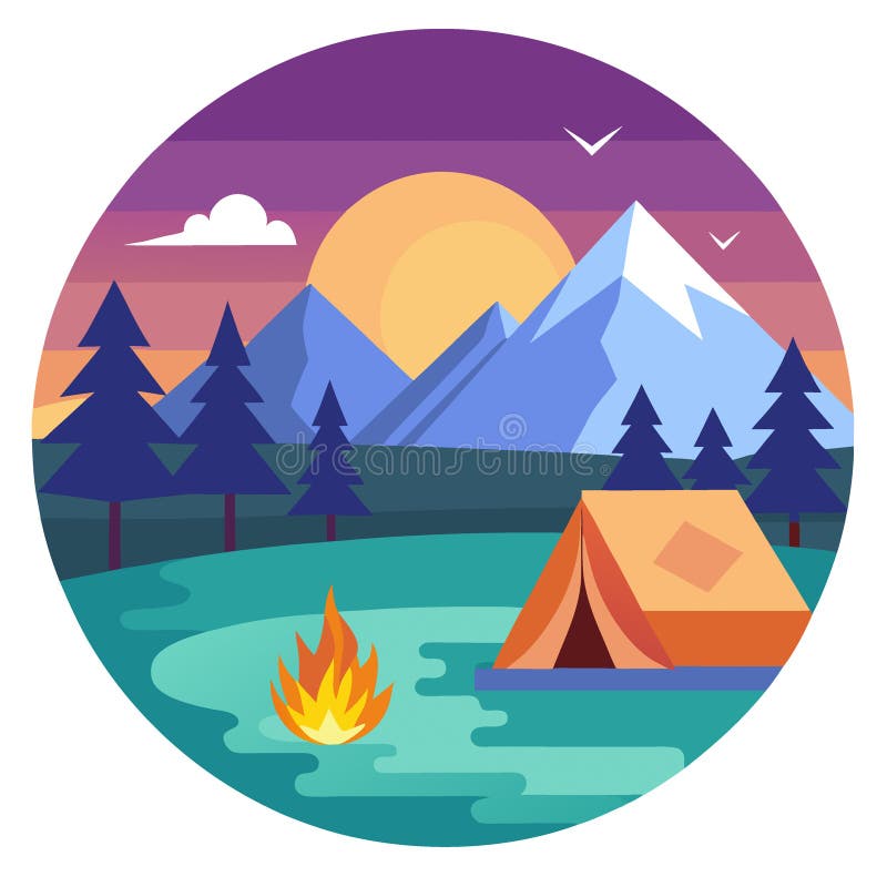 Serene Lakeside Camping Site at Sunset with Tent and Campfire. Stock ...