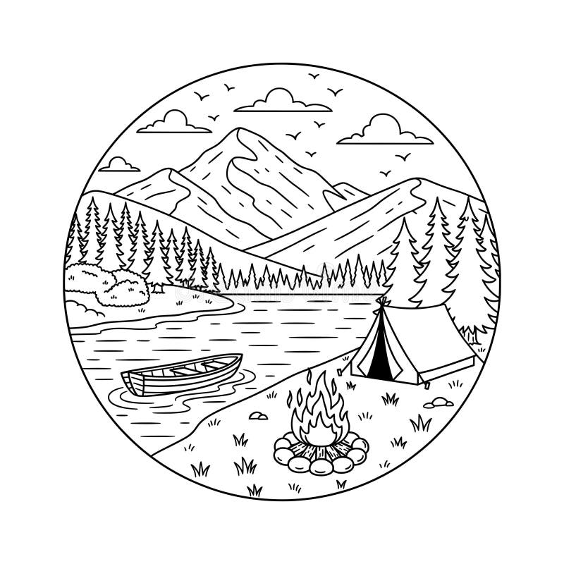 Serene Lakeside Campsite Lineart Illustration Stock Illustration ...
