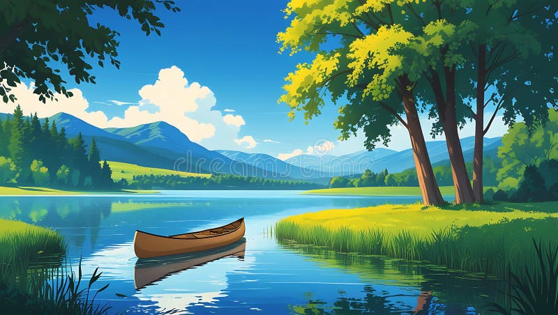 Serene Lakeside Canoe Scene, Perfect for Relaxation Stock Illustration ...
