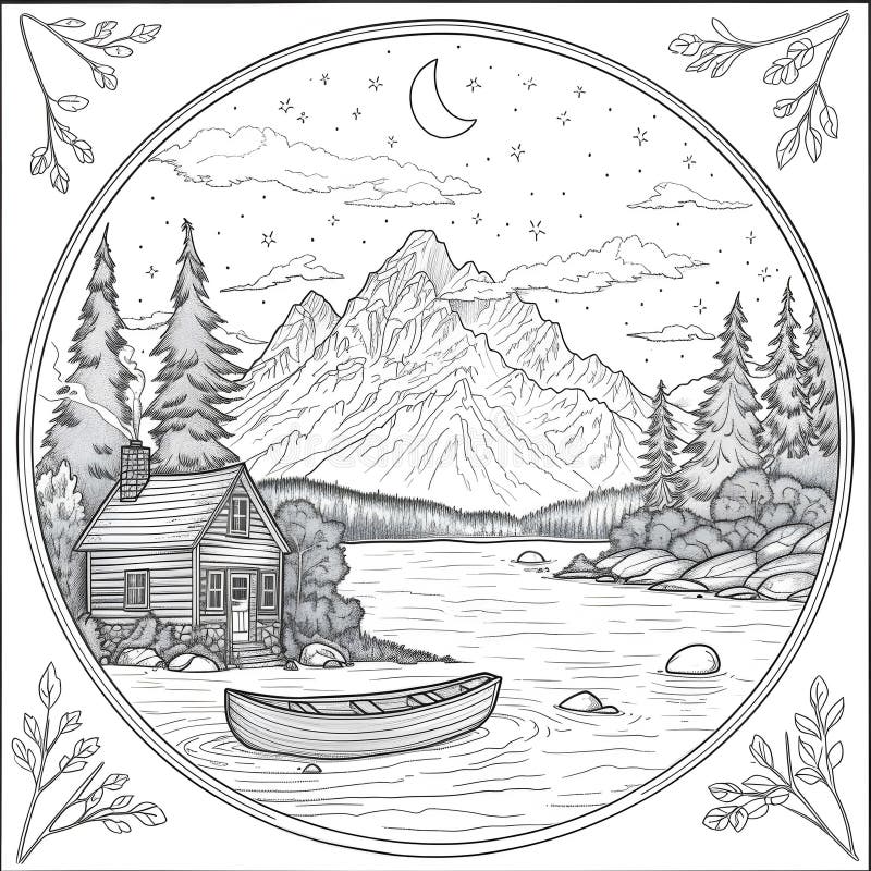 Serene Lakeside Coloring Page Stock Illustration - Illustration of calm ...