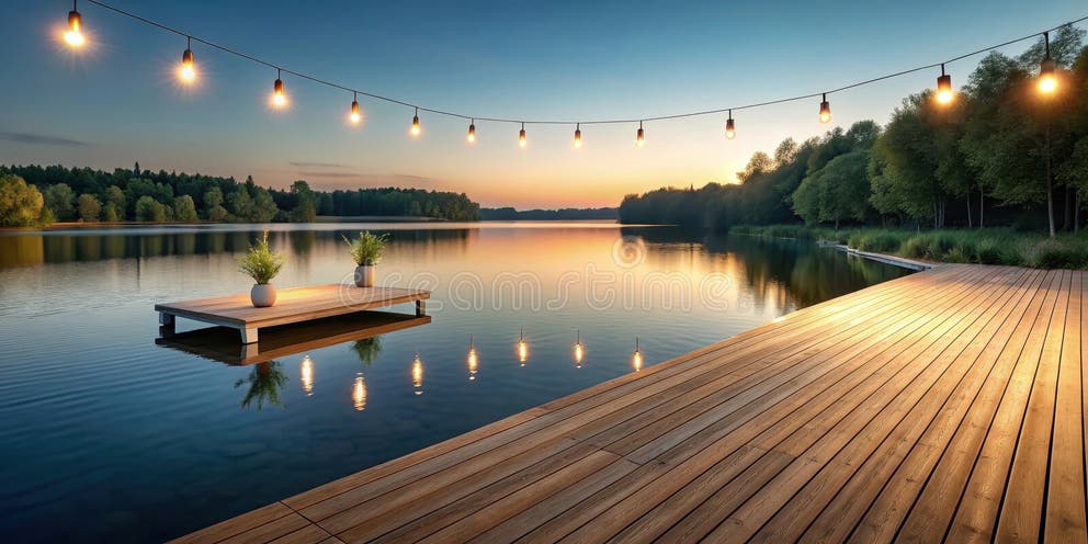 Serene Lakeside Deck with String Lights at Sunset, Perfect for ...