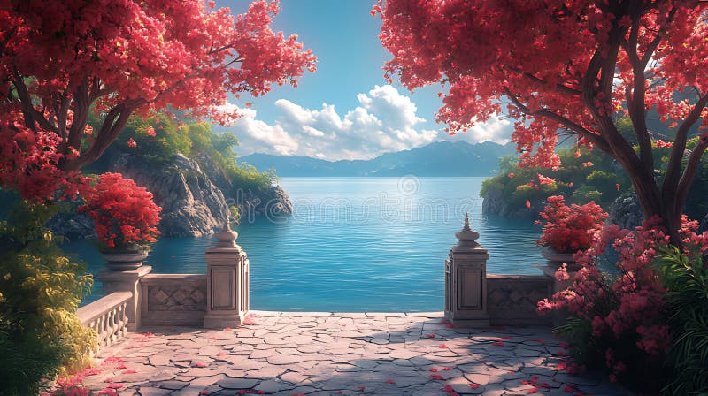 Serene Lakeside Garden, Spring Blossoms, Tranquil View, Digital Art ...