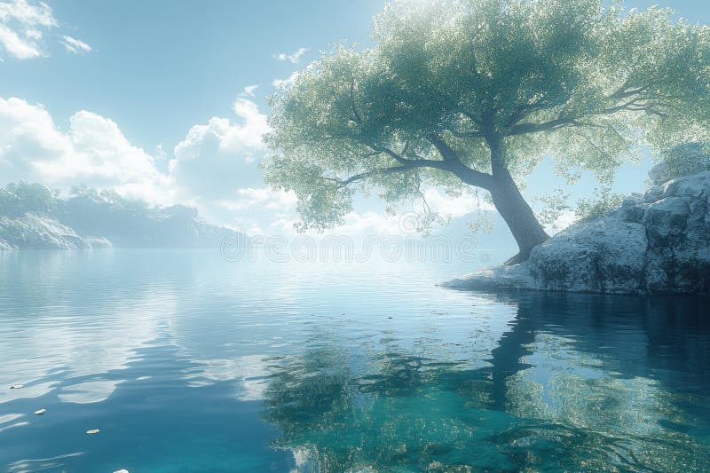 Tranquil Lakeside View with a Lone Tree Reflecting in Calm Waters on a ...