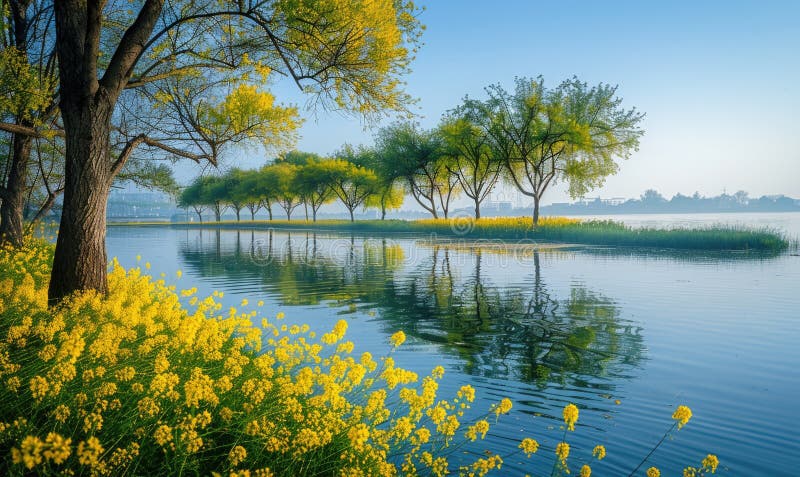 A Serene Lakeside Landscape with Trees Lining the Shore Stock Image ...