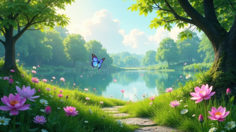 Serene Lakeside Path with Blooming Flowers and a Butterfly in Flight ...