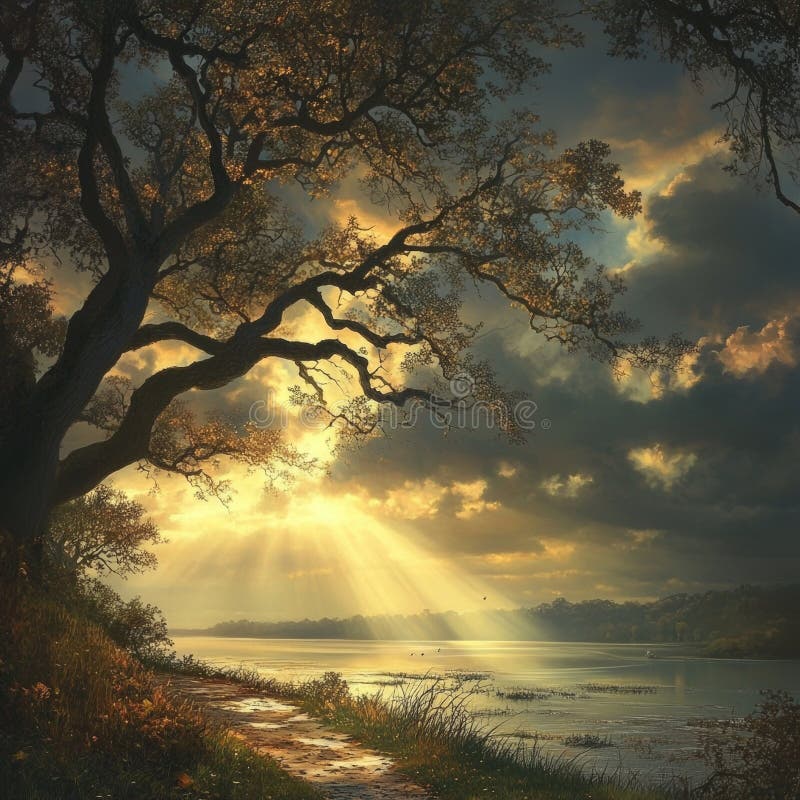 Serene Lakeside Path at Golden Hour Stock Illustration - Illustration of meadow, sunlight: 357964354