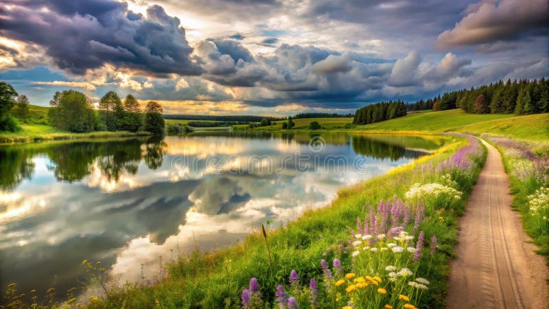 Serene Lakeside Path with Wildflowers and Dramatic Cloudscape ...