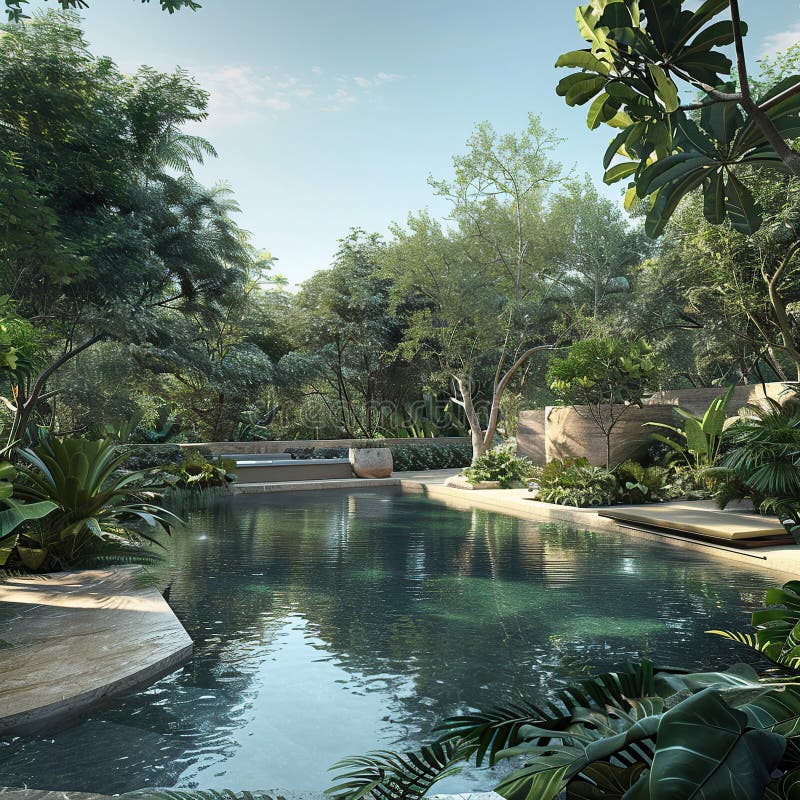 Serene Lakeside Pool Surrounded by Lush Greenery Stock Illustration - Illustration of bright ...