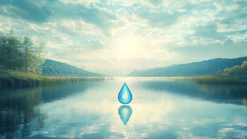 Serene Lakeside Reflection of a Simple Blue Water Drop Symbol Stock ...