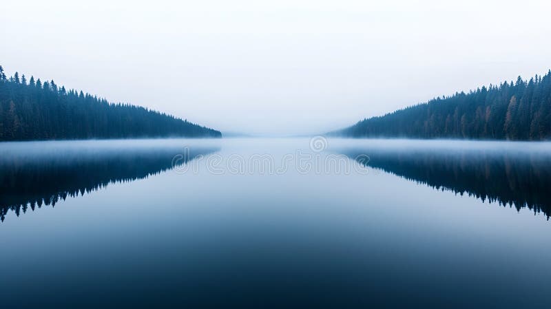 Serene Lakeside Reflection: Tranquil Forest Edges Mirroring on Misty ...
