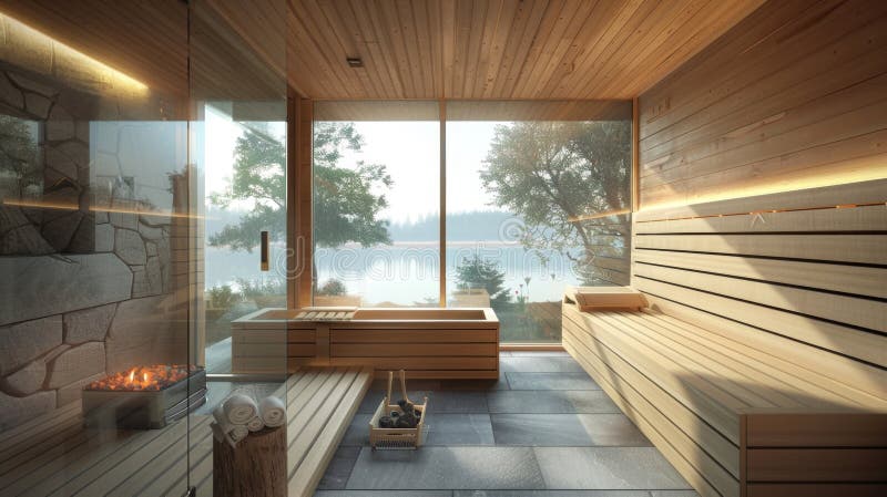 Serene Lakeside Sauna Retreat with Panoramic View Stock Illustration ...