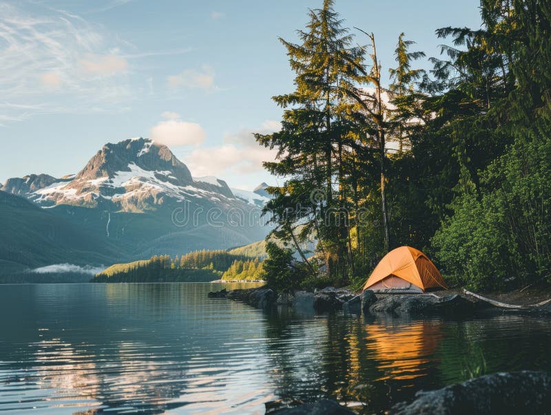 A Serene Lakeside Scene with a Camping Tent Pitched on the Shore Stock ...