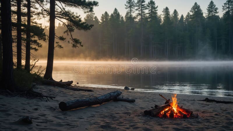 Serene Sunrise Campfire by Misty Lake Stock Illustration - Illustration ...