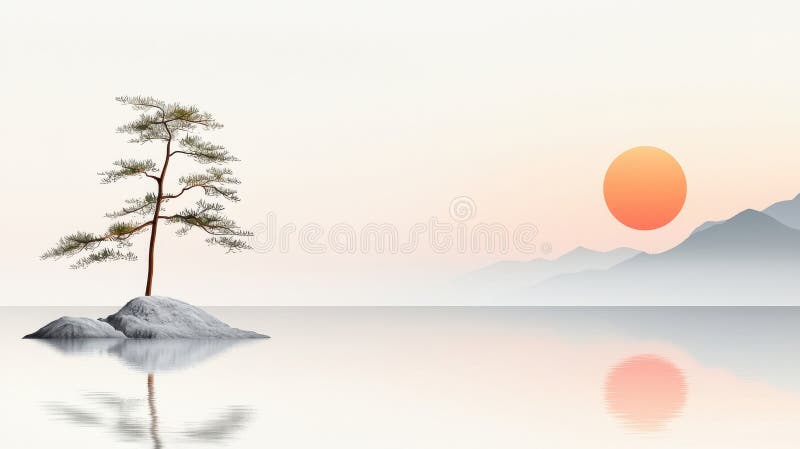 Serene Lakeside Scene at Dawn with Lone Tree and Rising Sun Stock ...