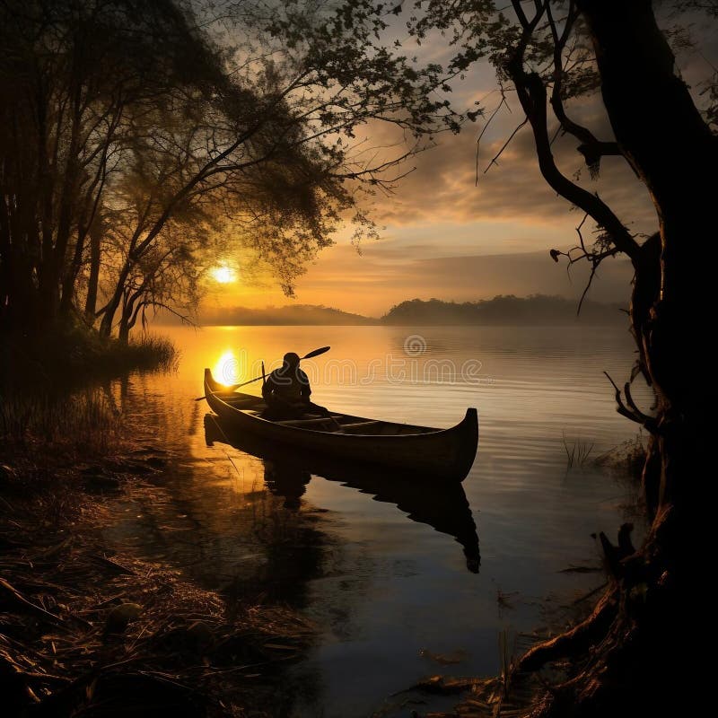 A Serene Lakeside Scene at Dawn Stock Illustration - Illustration of ...