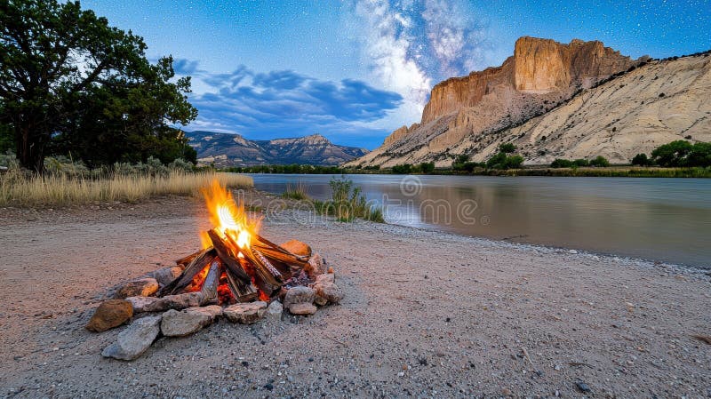Serene Lakeside Scene Features Vibrant Campfire Surrounded by Stones ...