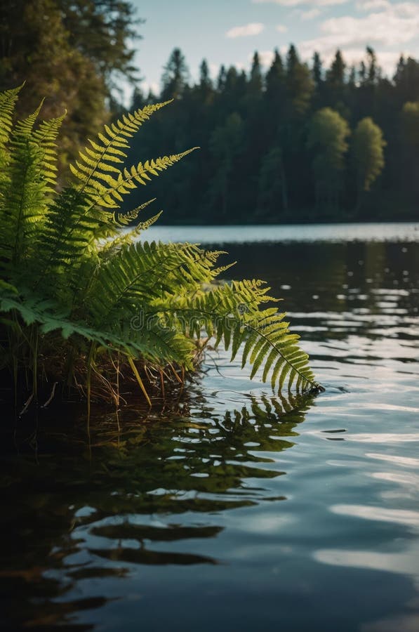 Serene Lakeside Fern: Tranquil Nature Scene at Dusk Stock Illustration ...