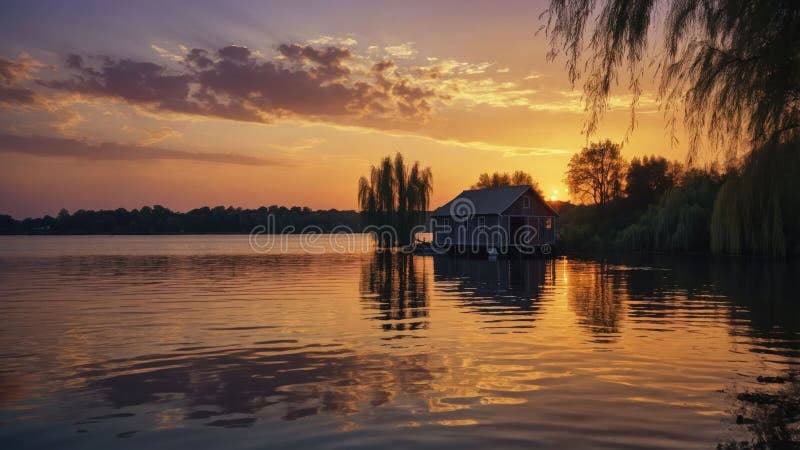 Golden Sunset Over Lake House Reflection Stock Illustration ...