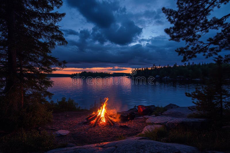 Serene Lakeside Sunset Campfire Stock Illustration - Illustration of ...