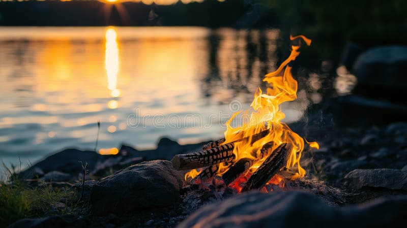 Serene Lakeside Sunset with Glowing Campfire by Water S Edge, AI ...