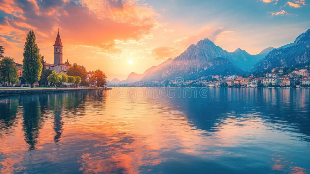 Serene Lakeside Town at Sunset with Mountain Backdrop Stock ...