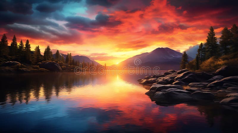 Lakeside Sunset with Mountains in the Distance. Stock Illustration ...