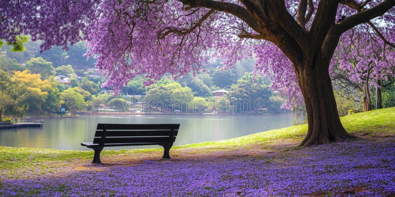 Serene Lakeside View with Blooming Jacaranda Tree and Empty Bench Stock ...