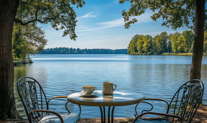 Serene Lakeside View Coffee Cups Table Surrounded Nature Stock Photos ...