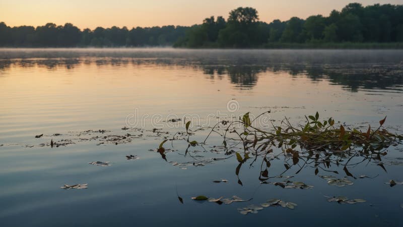 Serene Sunrise Over Calm Lake with Aquatic Plants Stock Illustration ...