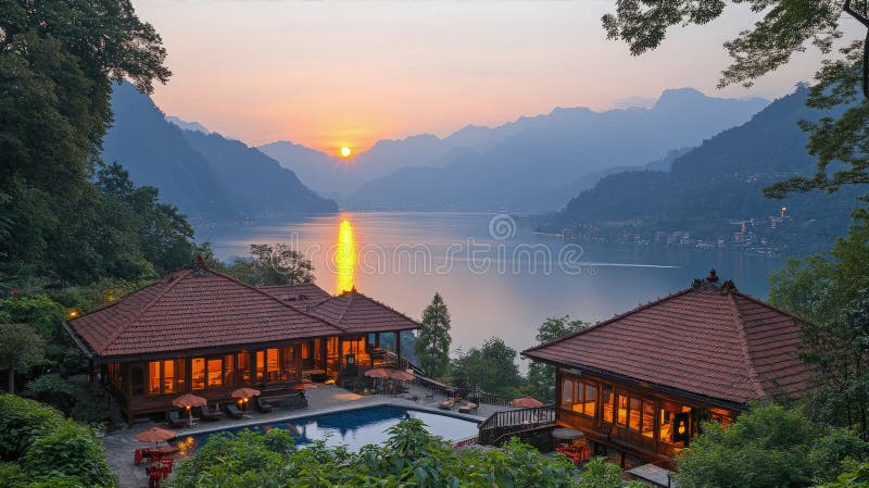 A Serene Lakeside View with Rustic Houses, Surrounded by Lush Greenery ...