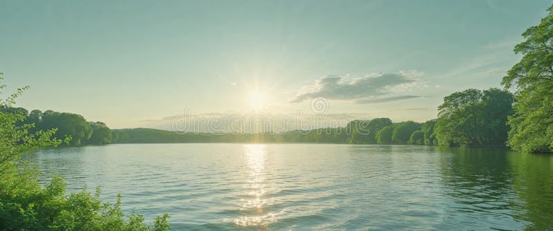 Serene Lakeside View with Sunlight and Lush Greenery Stock Photo ...
