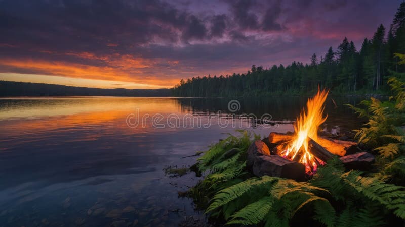 Serene Sunset Campfire by the Lake: Embers Glow at Twilight Stock ...