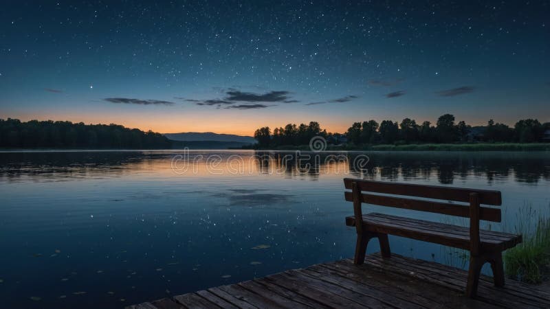 Serene Twilight Lake: Wooden Bench Under Starry Night Sky Stock ...