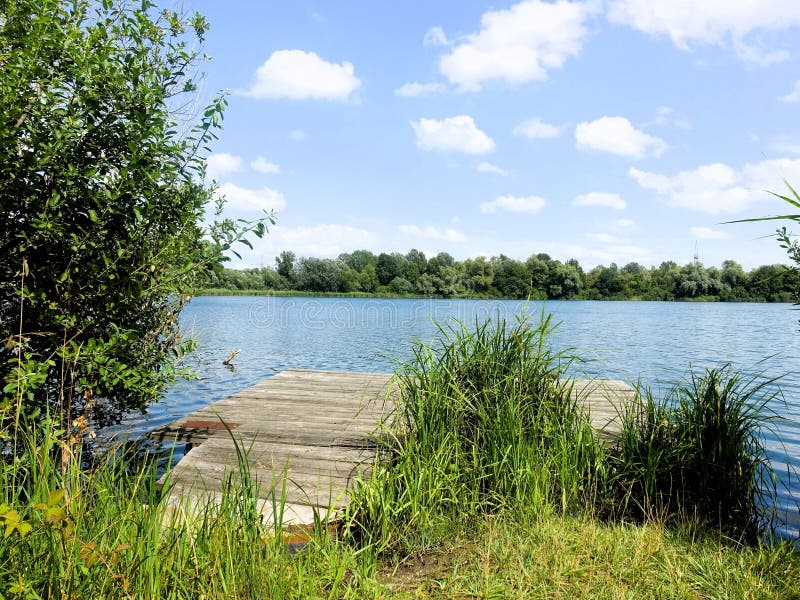 Serene Lakeside View with a Wooden Dock Surrounded by Lush Greenery ...