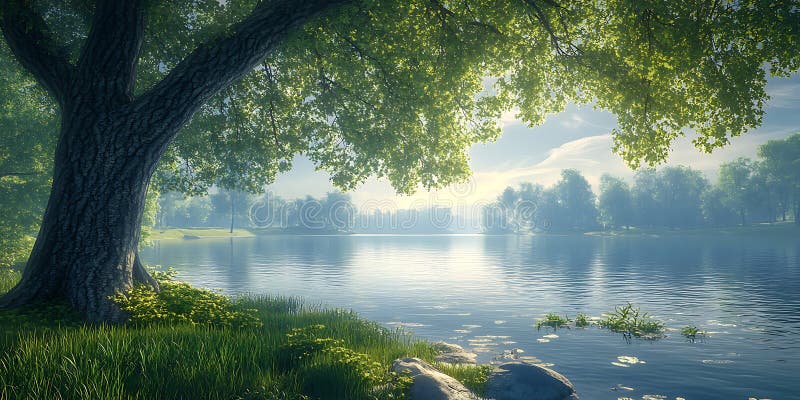 Serene Lakeside Vista Tranquil Nature Scene Stock Illustration ...