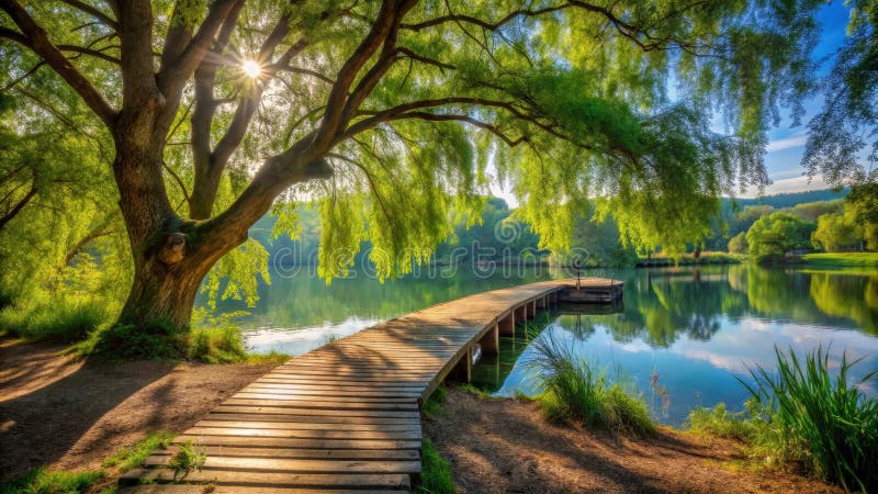 Serene Lakeside Wooden Path Under Canopy of Sunlit Tree. Generative AI ...