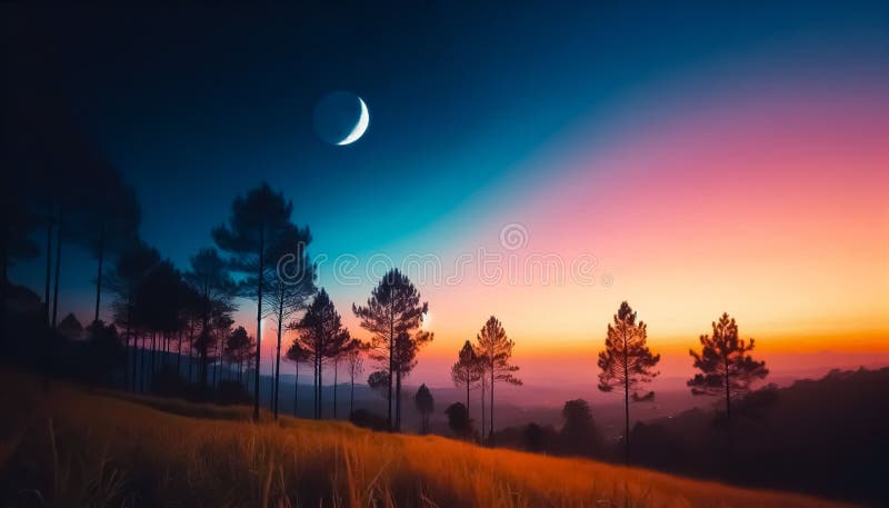 Serene Landscape with Crescent Moon and Sunset Sky. Stock Illustration ...