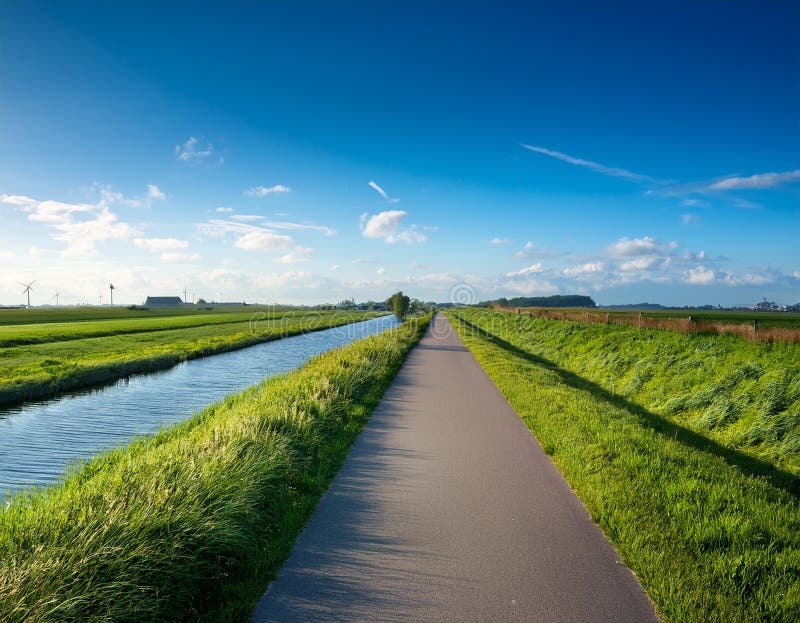A Serene Landscape of Dutch Dikes and Grassy Fields Punctuated by a ...