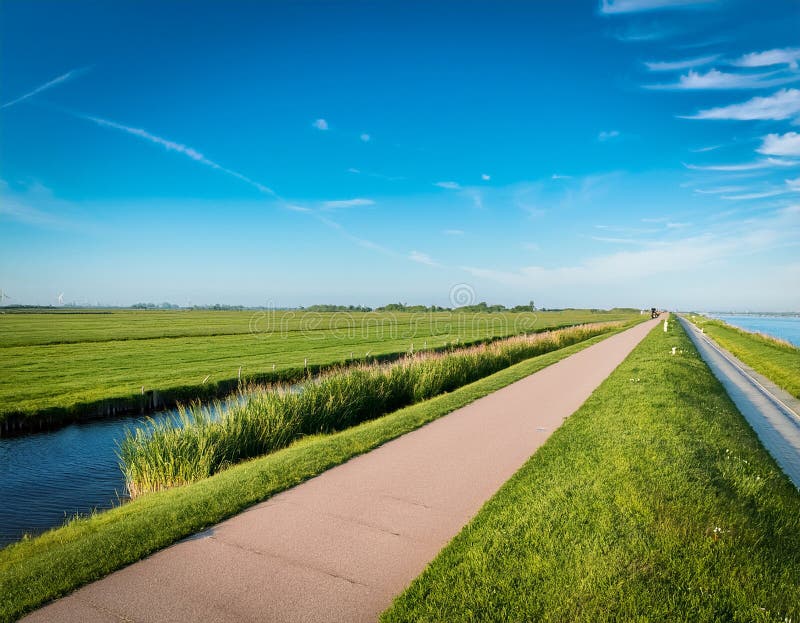 A Serene Landscape of Dutch Dikes and Grassy Fields Punctuated by a ...