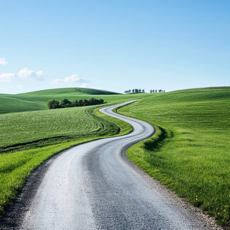 Serene Landscape with Endless Winding Road through Green Fields Stock ...