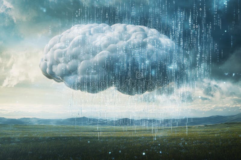 Ethereal Brain Cloud in Digital Rain Stock Illustration - Illustration ...