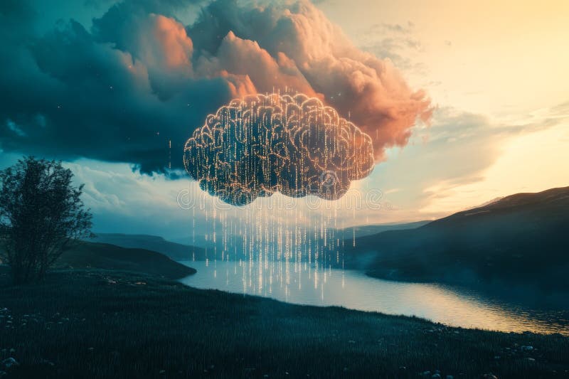 Ethereal Brain Cloud in Digital Rain Stock Illustration - Illustration ...