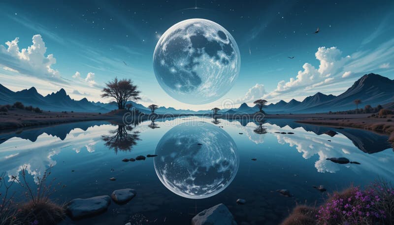 A Serene Landscape Features a Massive Moon Mirrored on a Tranquil Lake ...
