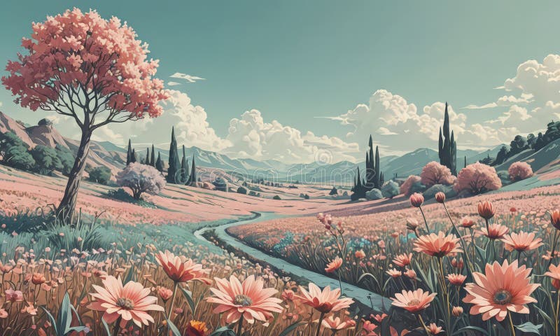 Serene Landscape Features Winding Path through Field Pink Flowers, with ...