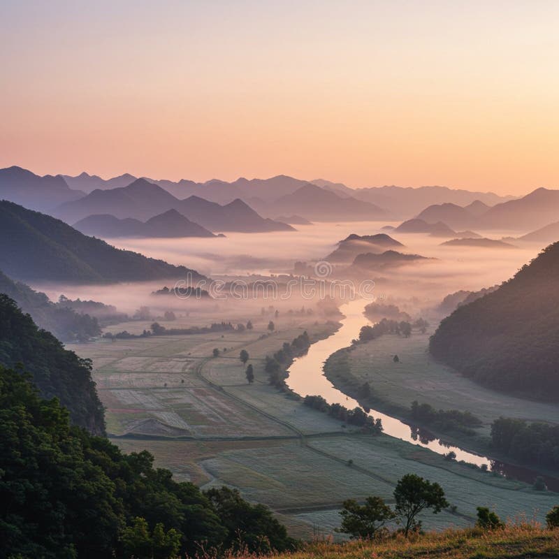 A Serene Landscape Features a Winding River Cutting through a Lush ...